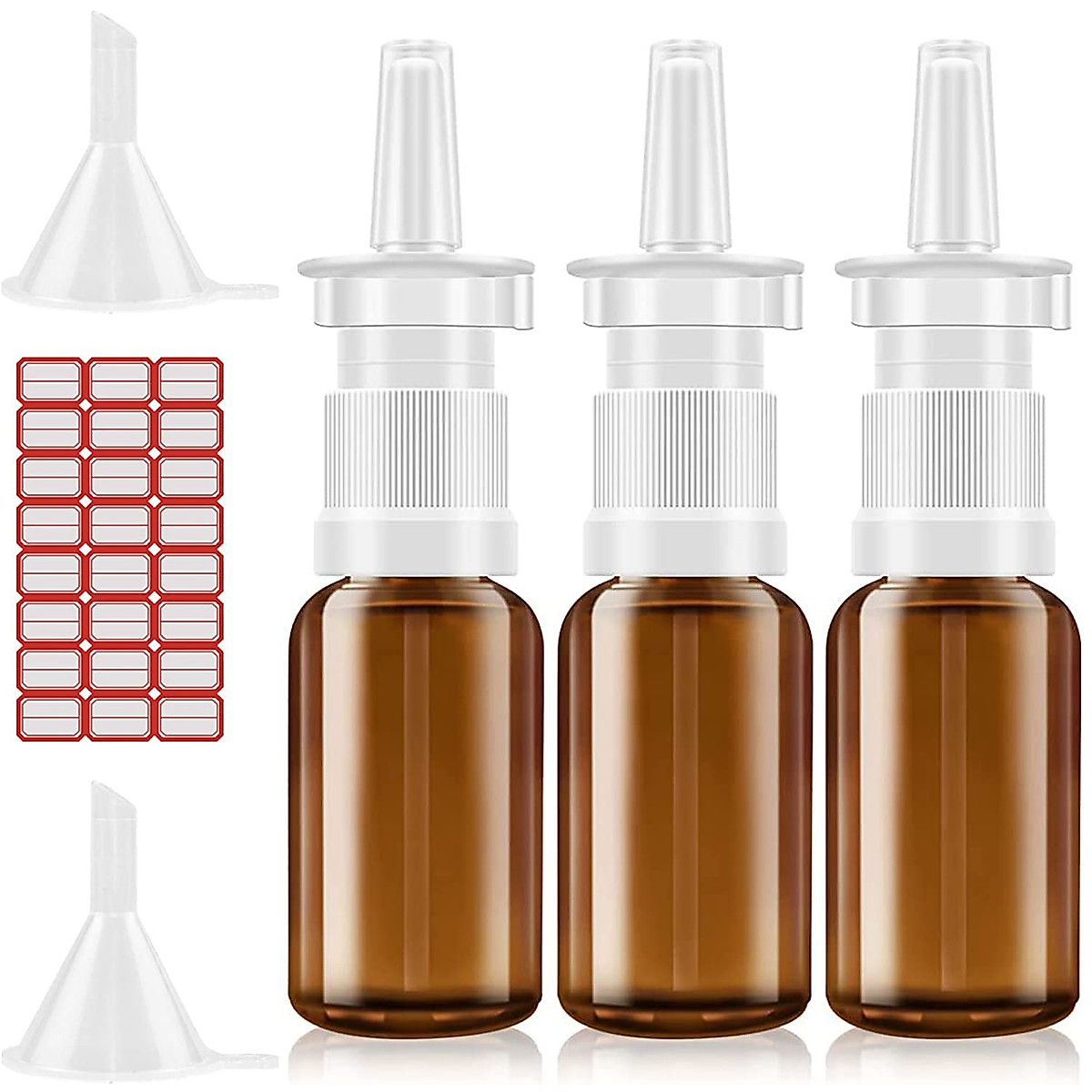Nasal Spray Bottle, 3 Pcs 30ML/1oz Glass Amber Refillable Fine Mist Sprayers Atomizers, Small Empty Nasal Sprayer with Funnels and Labels