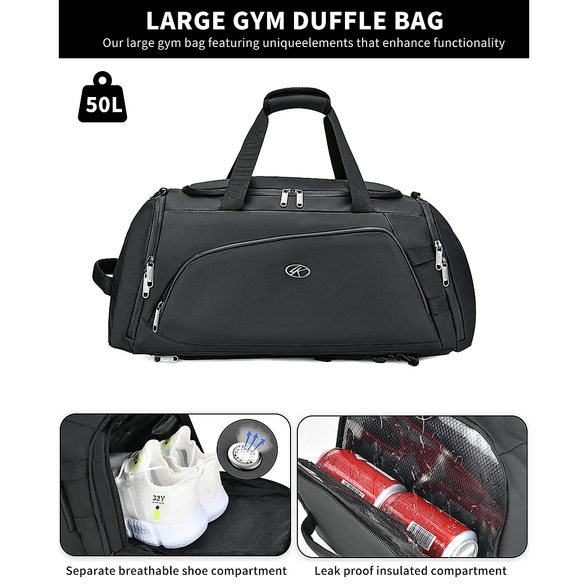 LOKASS Gym Bag for Men/Women-Duffle Sports Bag with Shoe Compartment, Carry On Weekender/Overnight Bag, Waterproof Gym Backpack Travel Bag for Camping (Black，Large)