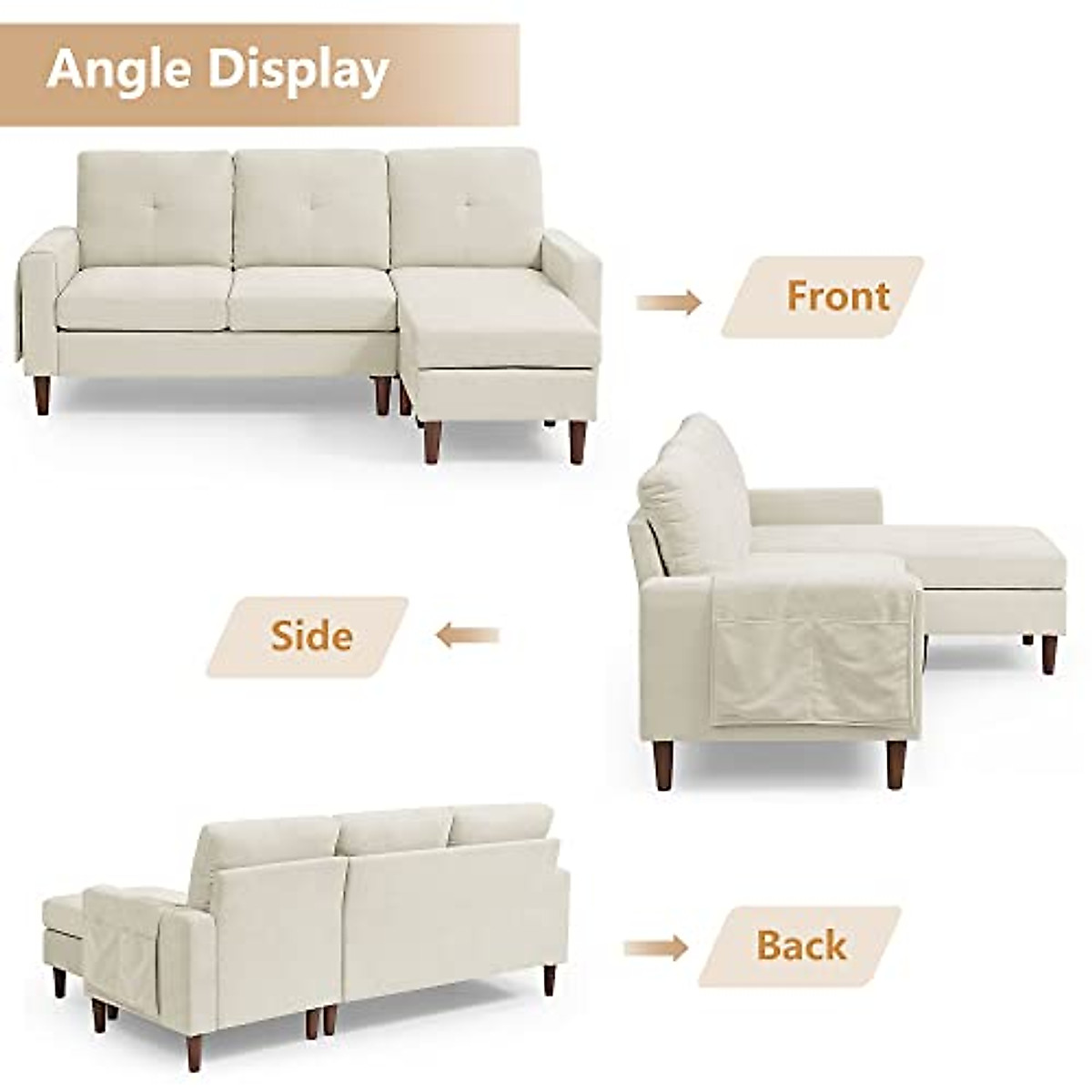 Tmsan Convertible Sectional Sofa, L Shaped Couch Bed with Movable Ottoman, Reversible 3 Seater Sleeper for Living Room, Small Space, Beige