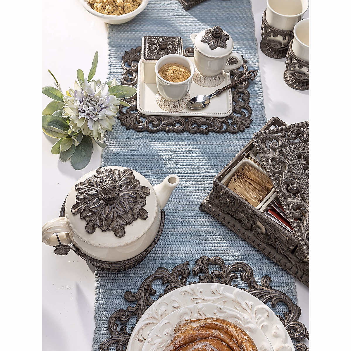 Acanthus Leaf Sugar And Creamer Set with Sweetener Box on Tea Tray (Set of 4)