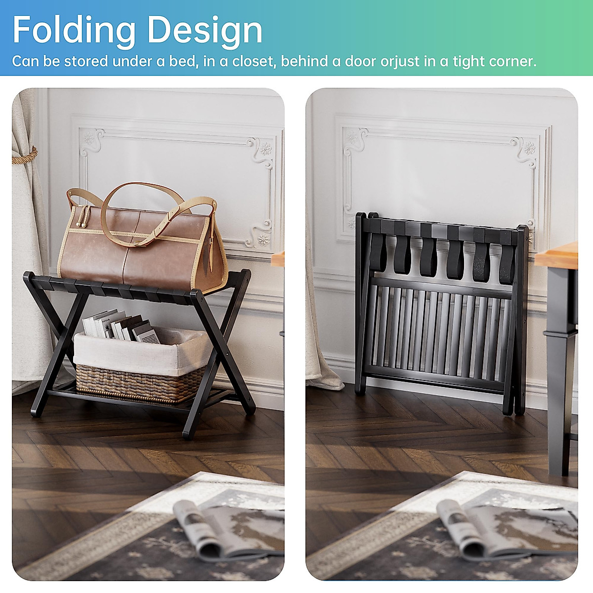 SMIBUY Luggage Rack, Foldable Bamboo Suitcase Stand with Storage Shelf for Guest Room, Bedroom, Hotel, Heavy-Duty, 1 Pack (Black)