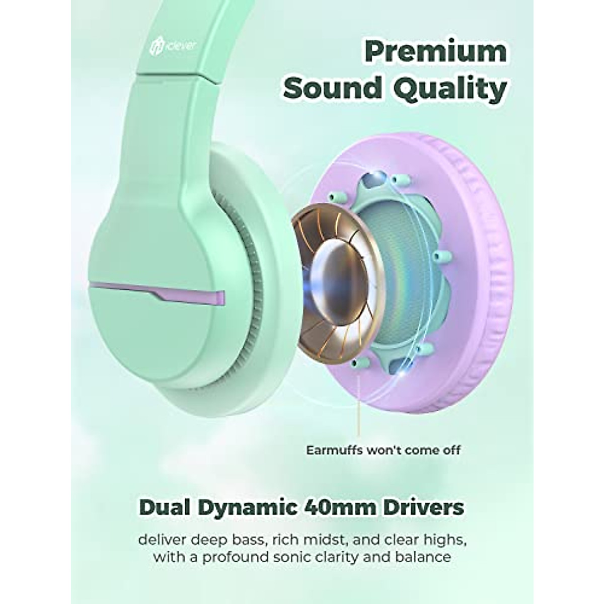 iClever HS19 Kids Headphones with Microphone for School, Volume Limiter 85/94dB, Over-Ear Girls Boys Headphones for Kids with Shareport, Foldable Wired Headphones for iPad/Fire Tablet/Travel, Green