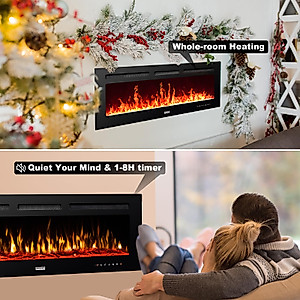ROCSUMOO 50" Recessed and Wall Mounted Electric Fireplace, Low Noise, Remote Control with Timer,Touch Screen,Adjustable Flame Color and Speed, 750-1500W