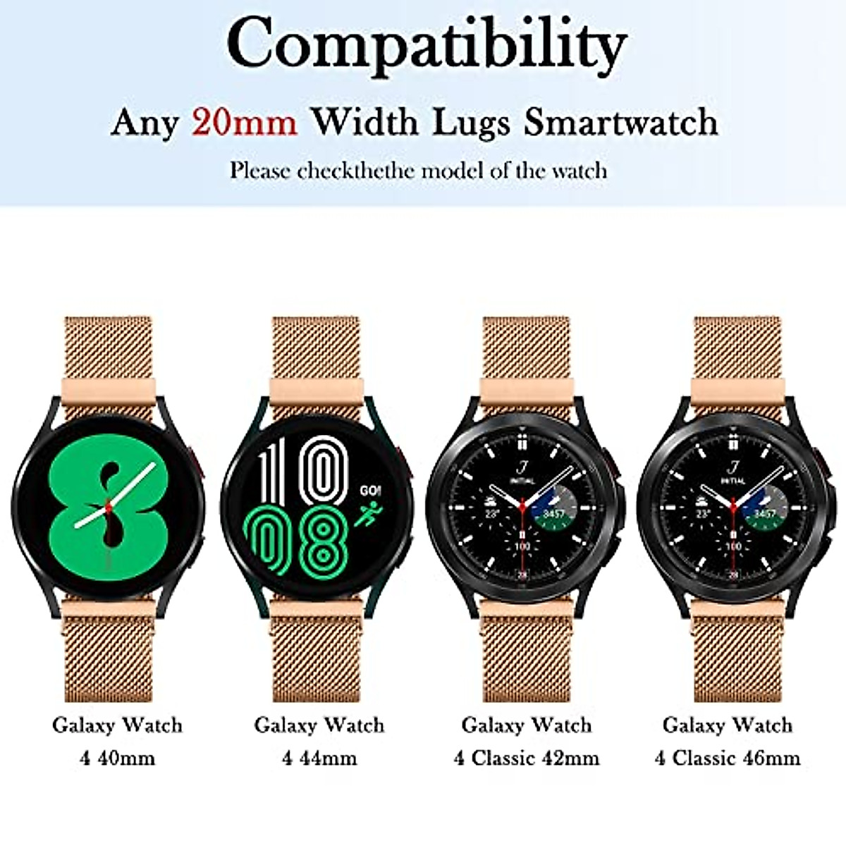 Wanme Metal Bands for Samsung Galaxy Watch 4 Band 40mm 44mm, Galaxy Watch 4 Classic Bands Women Men, 20mm Stainless Steel Replacement Strap for Samsung Watch 4 Bands (Rose Gold)