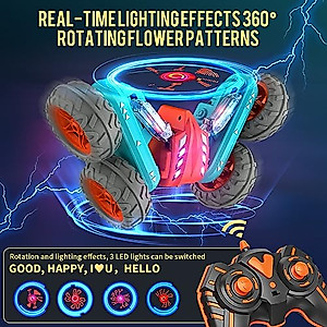 Abifny Remote Control Car -RC Stunt Car,Stunt Truck 2.4Ghz Race Toy Double Sided Rotating 360° Flips, with LED Indoor Outdoor All Terrain Rechargeable Electric Toy Cars Gifts for Boys Kids