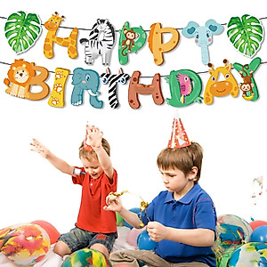 LJCL Safari Animals Happy Birthday Banner, Jungle Party Sign Jungle Animals Theme Bunting Party Decorations Supplies for Safari/Jungle Themed Birthday Party, Two Wild Party Birthday Party Supplies