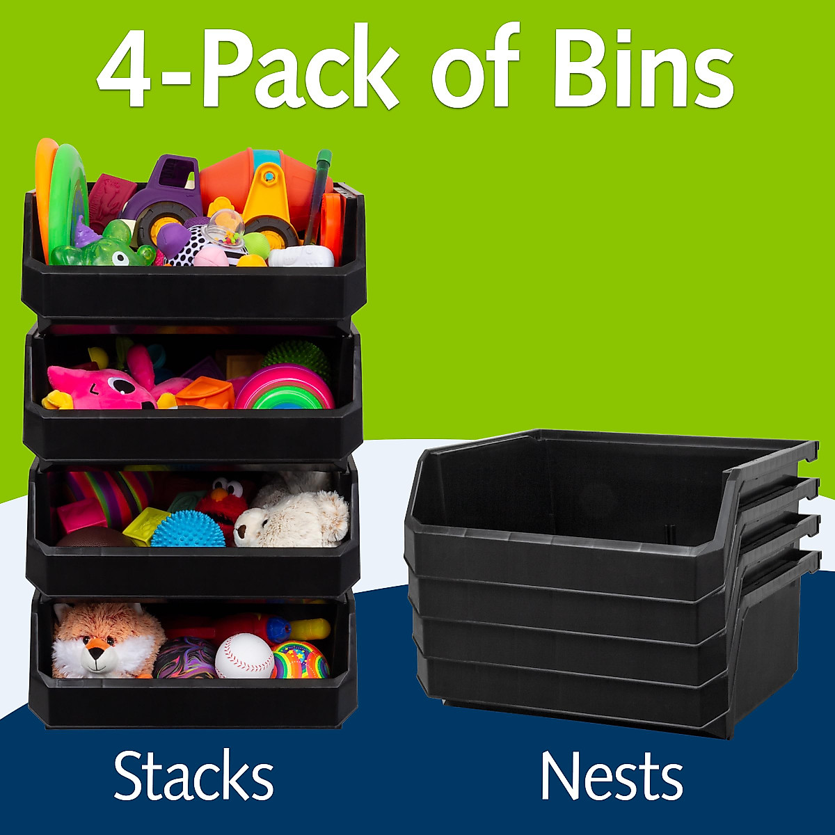 ReadySpace Plastic Containers for Organizing and Storage Bins for Closet, Kitchen, Office, Garage or Pantry Organization, Stackable Bins, Extra Large (14.8" x 16.5" x 7"), 4-Pack, Black