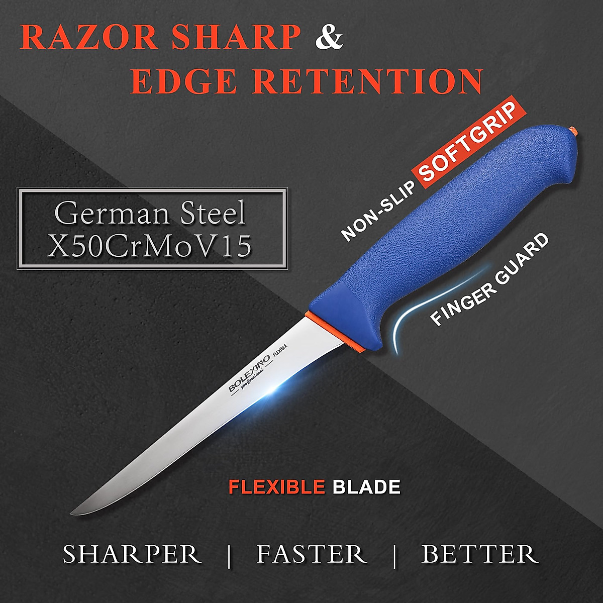 BOLEXINO 6 Inch Boning Knife, Flexible Straight Blade Processing Knife, Super Sharp Fillet Knife, German Stainless Steel Chef Knife W/Non-slip Softgrip, Prep Chicken & Fish with Ease (Blue)