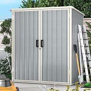 Aoxun Outdoor Storage Shed 5 x 3FT, Resin Shed with Floor and Lockable Door, Plastic Shed for Bike, Garbage Can, Tool, Accessories, Lawn, Garden - Grey