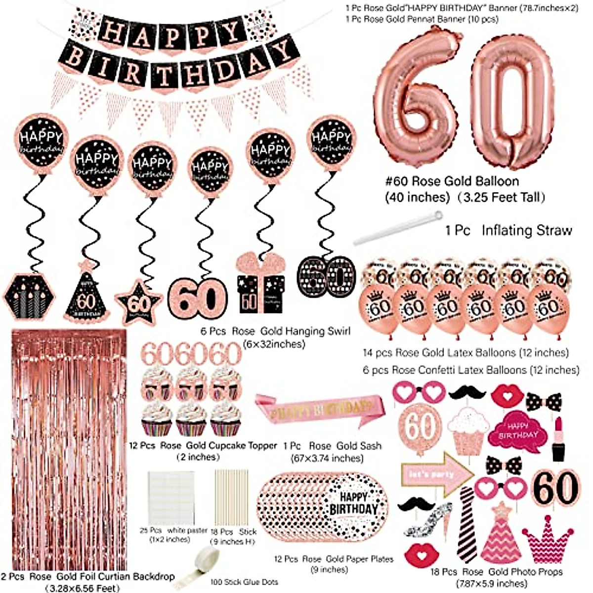 60th birthday decorations for women - (76pack) rose gold party Banner, Pennant, Hanging Swirl, birthday Balloons, Foil Backdrops, cupcake Topper, plates, Photo Props, Birthday Sash for gifts women
