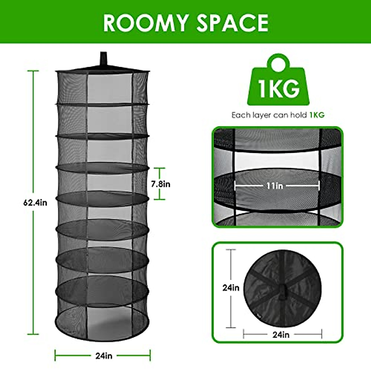iPower 8-Layer 2ft Herb Drying Rack Black Mesh Hanging Net Dryer Collapsible with Opendoor, Pothook and Storage Bag, for Hydroponics Flowers, Buds, Fruits, Seafoods, Clothes, 2 Packs