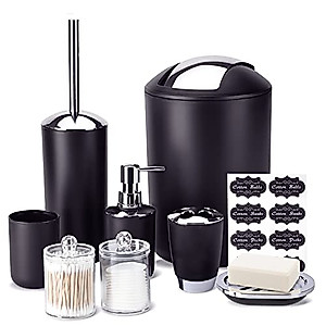 Fixwal Bathroom Accessories Set 8 Piece Plastic Gift Set Trash Can Toothbrush Holder Toothbrush Cup Soap Dispenser Soap Dish Toilet Brush Holder 2 Qtip Holder Dispensers with Labels (Black)