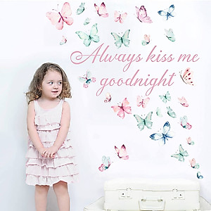 Butterfly Wall Decor Stickers Glow in The Dark Butterfly Wall Decals Peel and Stick Luminous Butterflies Always Kiss Me Good Night Decals Positive Quotes for Girls Kids Ceiling Bedroom Living Room