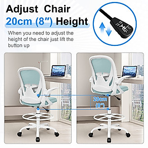 Primy Drafting Chair Tall Office Chair with Flip-up Armrests Executive Ergonomic Computer Standing Desk Chair with Lumbar Support and Adjustable Footrest Ring（Light Blue）
