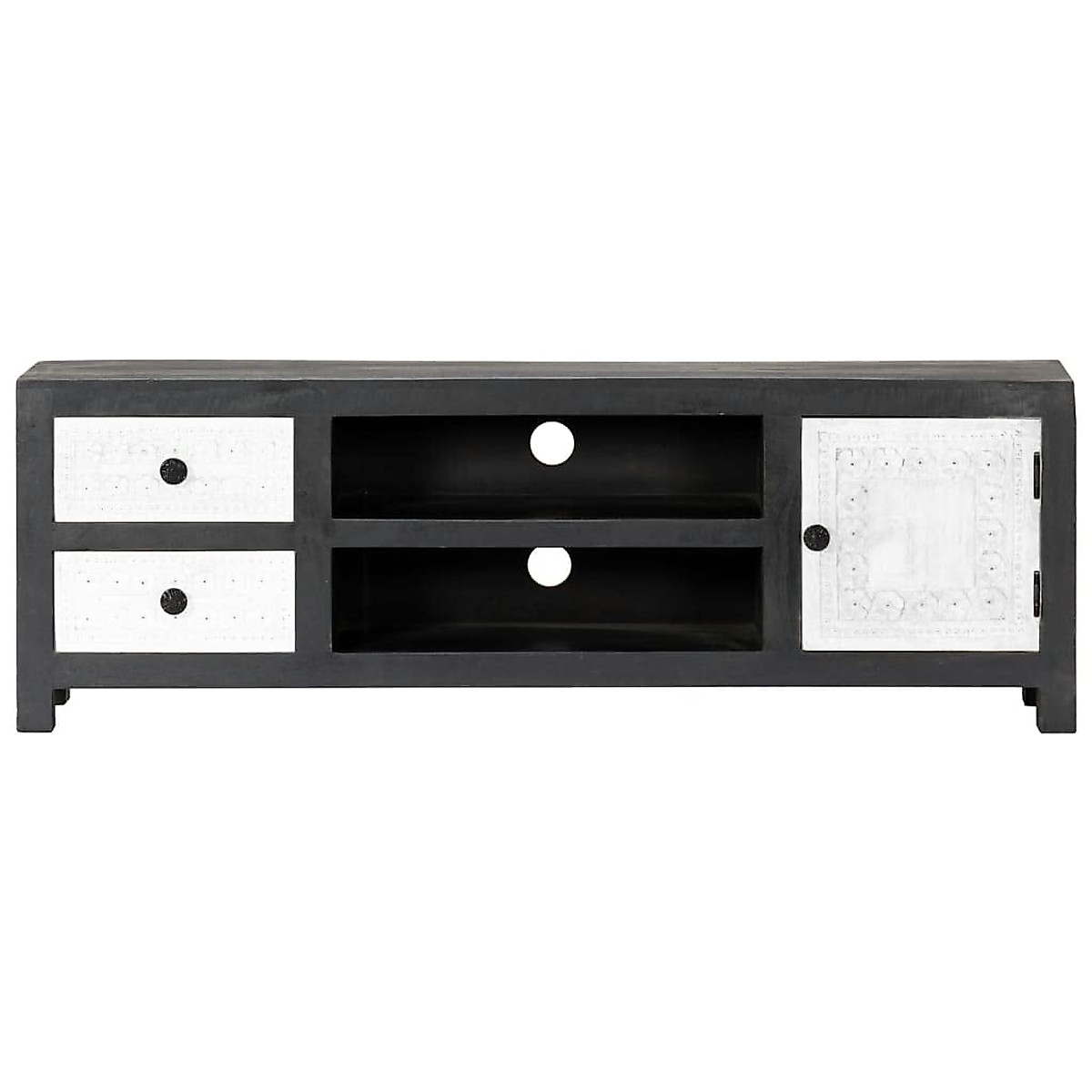 vidaXL TV Stand, TV Unit for Living Room Bedroom, Sideboard with Drawer, TV Console Media Cabinet Entertainment Center, Gray& White Solid Wood Mango
