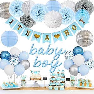 Ouddy Party Blue Baby Shower Decorations for Boy with Its a Boy Banner, Baby Boy Letter Metallic Blue Gray Silver Balloon Paper Pom Poms Honeycomb Ball for Boy Baby Shower Gender Reveal Party Supplies
