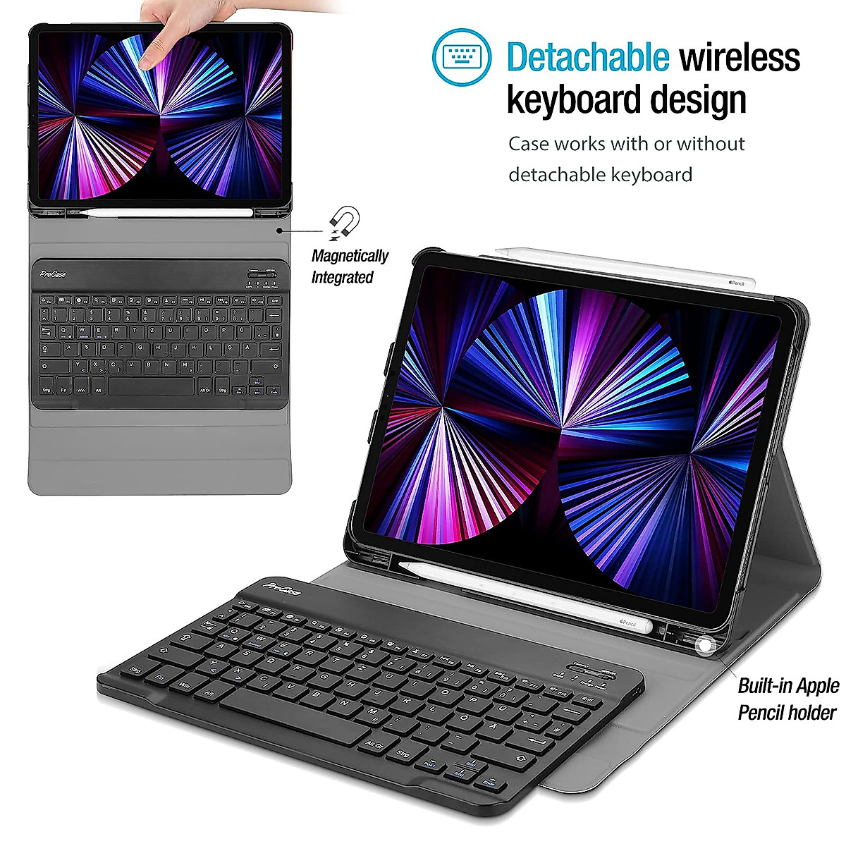 ProCase Keyboard Case for iPad Pro 11 2022 2021 2020 2018, Slim Shell Lightweight Cover with Magnetically Detachable Wireless Keyboard for iPad Pro 11 Inch 4th 3rd 2nd -Black