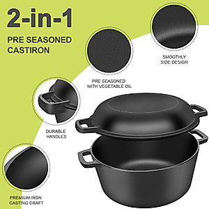 RAINBEAN 2-in-1 Pre-Seasoned Cast Iron Dutch Oven Pot with Skillet Lid Cooking Pan,5.5 QT Dual Handles Dutch Oven Pot with Lid,Heavy-Duty Non-stick Round Dutch Oven for Bread Baking, Stewing, Roasting