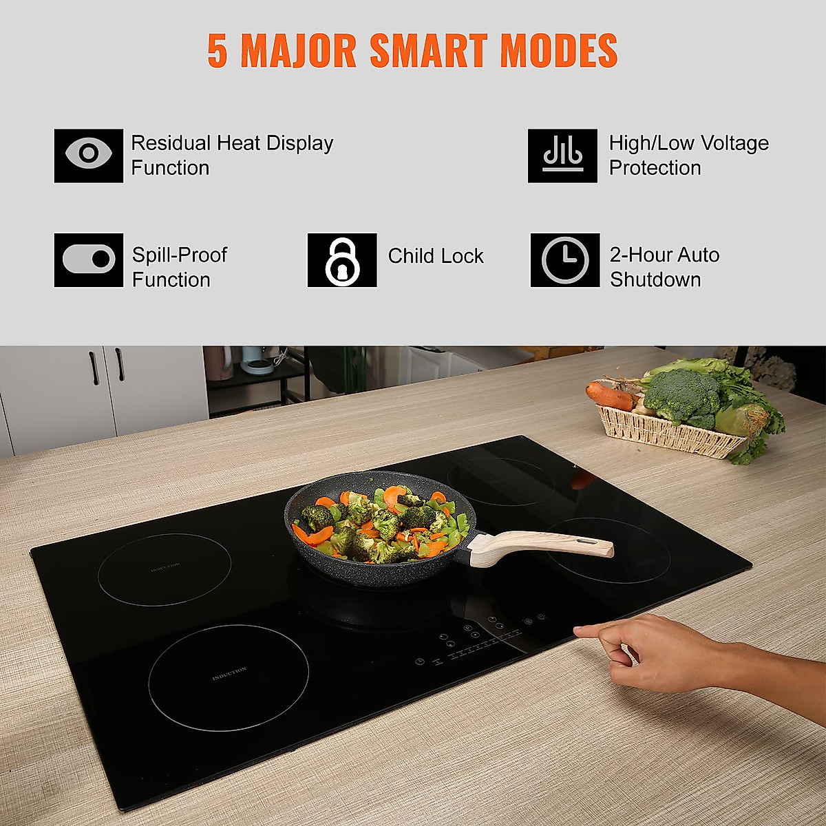 VEVOR Built-in Induction Electric Stove Top 5 Burners,35 Inch Electric Cooktop,9 Power Levels & Sensor Touch Control,Easy to Clean Ceramic Glass Surface,Child Safety Lock,240V