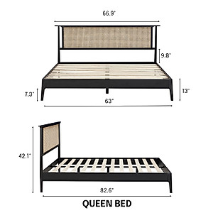 NTC Ruby Wooden Bed Frame with Headboard and Natural Rattan, Solid Oak Foundation with Silent Slats, 1000 Lb Capacity, Effortless Assembly, Queen - Burnt Black
