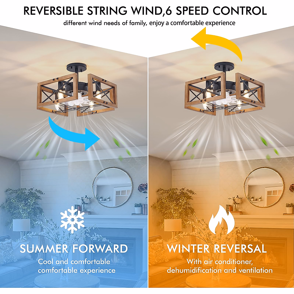 Farmhouse Ceiling Fans with Lights, Wood Flush Mount Ceiling Fan Lights with Remote Control,Caged Indoor Ceiling Fan with Light for Living Room,Bedroom,Kitchen