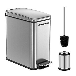 SONGMICS Bathroom Trash Can and Toilet Brush Set, 1.3 Gallon Small Trash Bin with Lid, Slim for Small Spaces, Stainless Steel Garbage Can, Soft Close, Silver ULTB560E0501