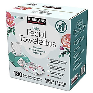Kirkland Daily Facial Towelettes, 180 CT | 180 Pre-Moistened Towelettes | Hypoallergenic | Alcohol-Free | 4 x 30ct Reclosable Flip-top Packs | 4 x 15ct Resealable Travel Packs