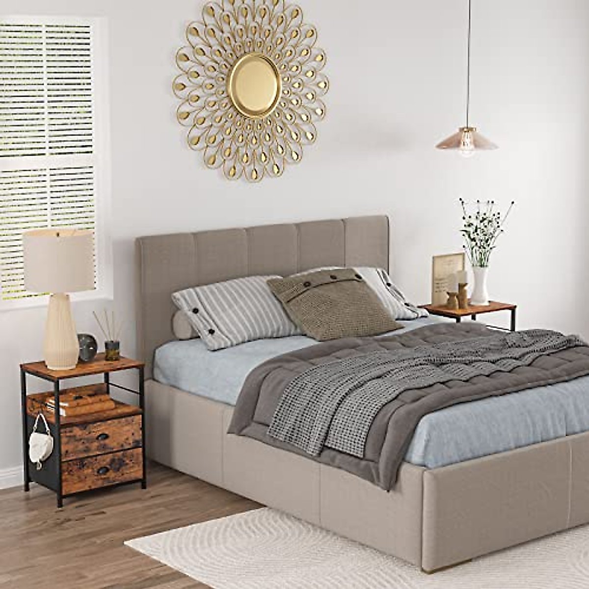 Furologee Nightstands Set 2, Bedside Table with 2 Fabric Drawers, End Table with 2 Hooks, Open Wood Shelf Side Sofa Table for Bedroom/Living Room/Study/Hallway/Rustic Brown