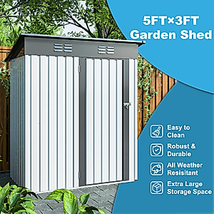Large Metal Outdoor Storage Shed, Backyard Storage Room 5 'x 3 Feet, Galvanized Metal Storage Shed for Outdoor Garden Shed Storage Shed Large、 Lawn, Terrace, White