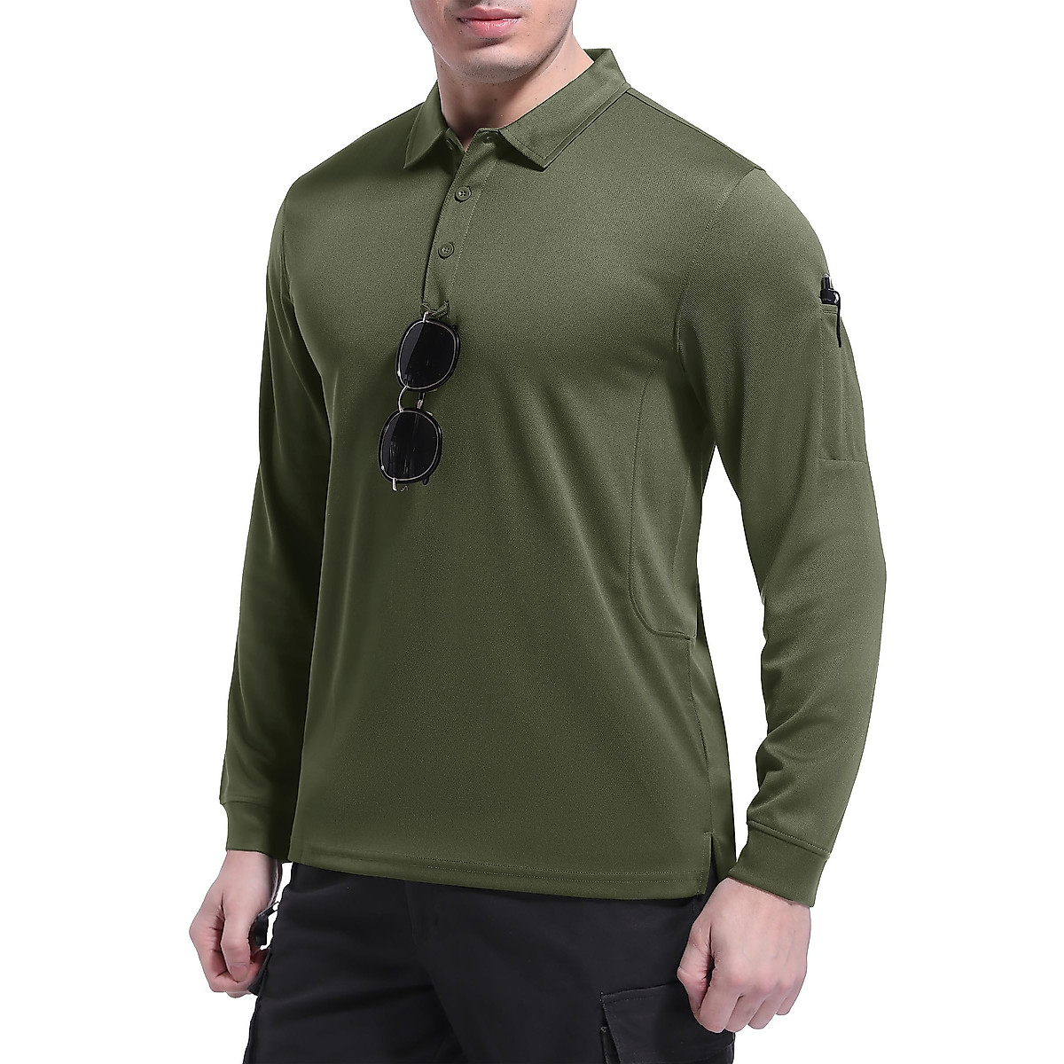 TACVASEN Long Sleeve Shirts for Men Tactical Performance Polo Shirts with Collar Quick Dry Fit Lightweight Work Shirts Workout Golf Army Green S