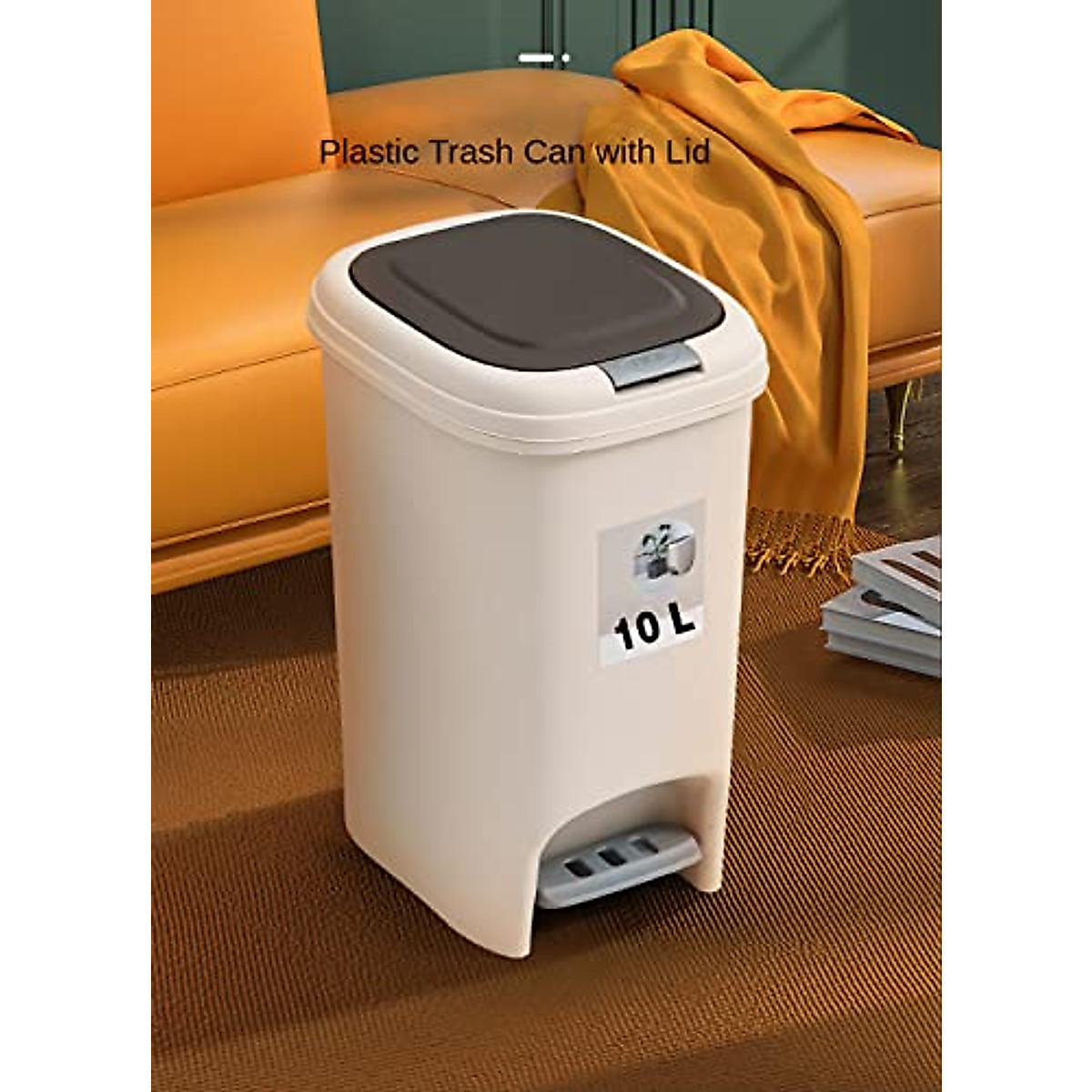 HAOHANR Bathroom Trash Can Soft-Close,2.6 Gallen Small Trash Can with Lid and Foot Pedal, 10 Litter Trashcan Removable Handle Inner Bucket for Bedroom,Kitchen,Powder Room(Khaki)