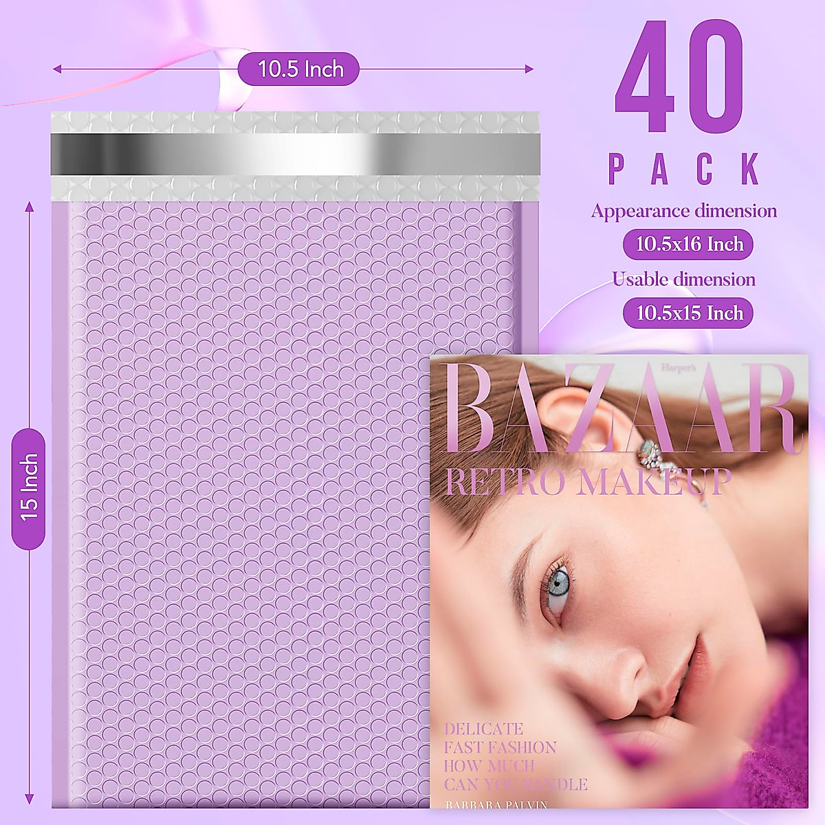 Fuxury Large Bubble Mailers 10.5x16" 40 Pack Self Seal Padded Envelopes Waterproof Mailing Envelopes Bubble Padded Cushioning Padded Mailers for Packaging, Small Business #5 Lavender