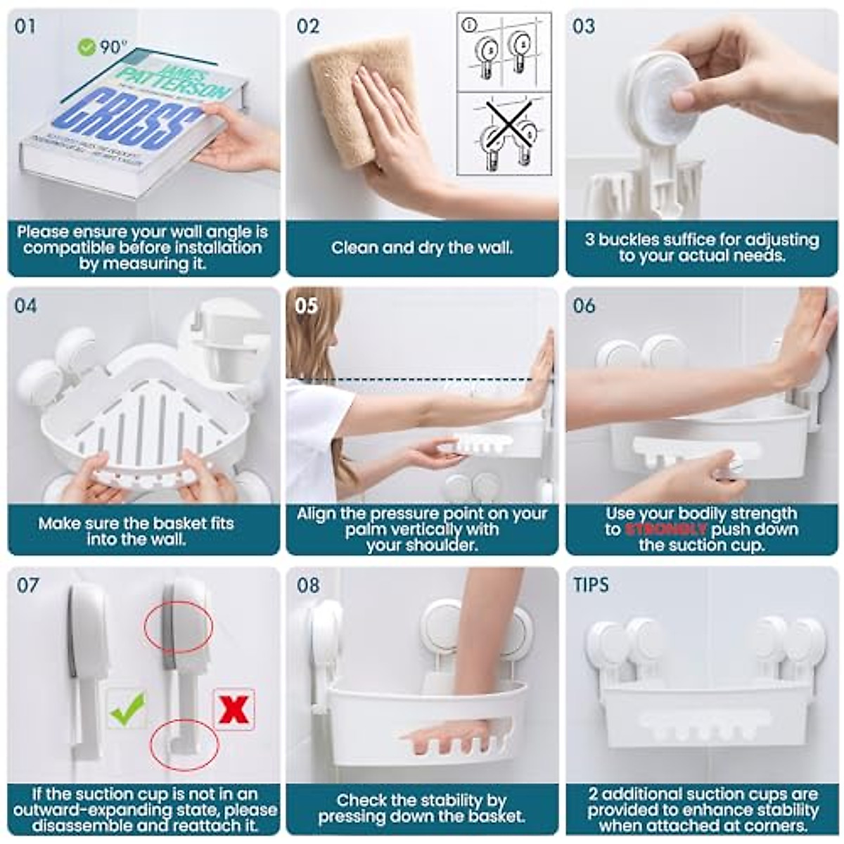 TAILI Corner Shower Caddy with Suction Cups, Wall Mounted Shower Organizer Plastic Shower Rack for Small Bathrooms, Kitchen, Removable Drill-Free Heavy Duty Shower Shelf Shower Basket, White