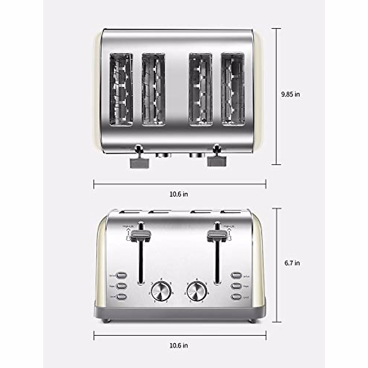 Toaster 4 Slice, Extra Wide Slots, Stainless Steel with High Lift Lever, Bagel and Muffin Function, Removal Crumb Tray, 7-Shade Settings with Warming Rack, Silver, Yabano