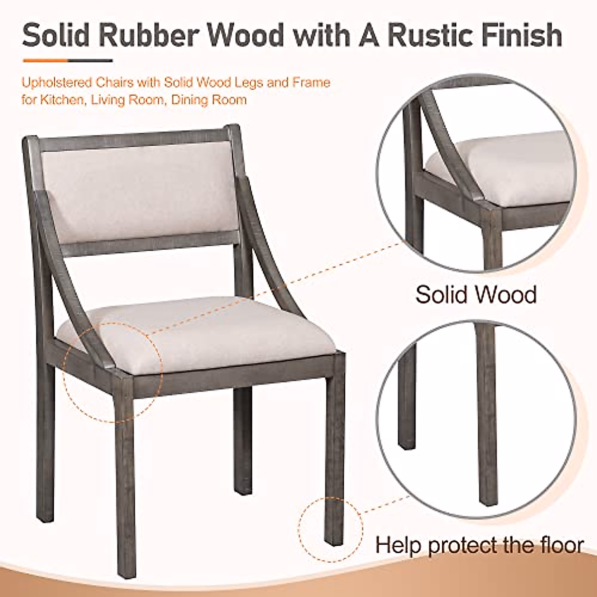 KoiHome 2pc Retro, Upholstered Solid Wood Legs and Frame, Set of 2 Chairs with Armrest and Seat Cushions for Kitchen, Restaurant, Dining Room (Gray)