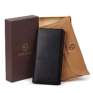 VISOUL Men's Leather Long Bi-fold Checkbook RFID Blocking Wallets, Breast Pocket Tall Billfold Secretary Wallet for Men with 12 Card Slots (Black and Orange)