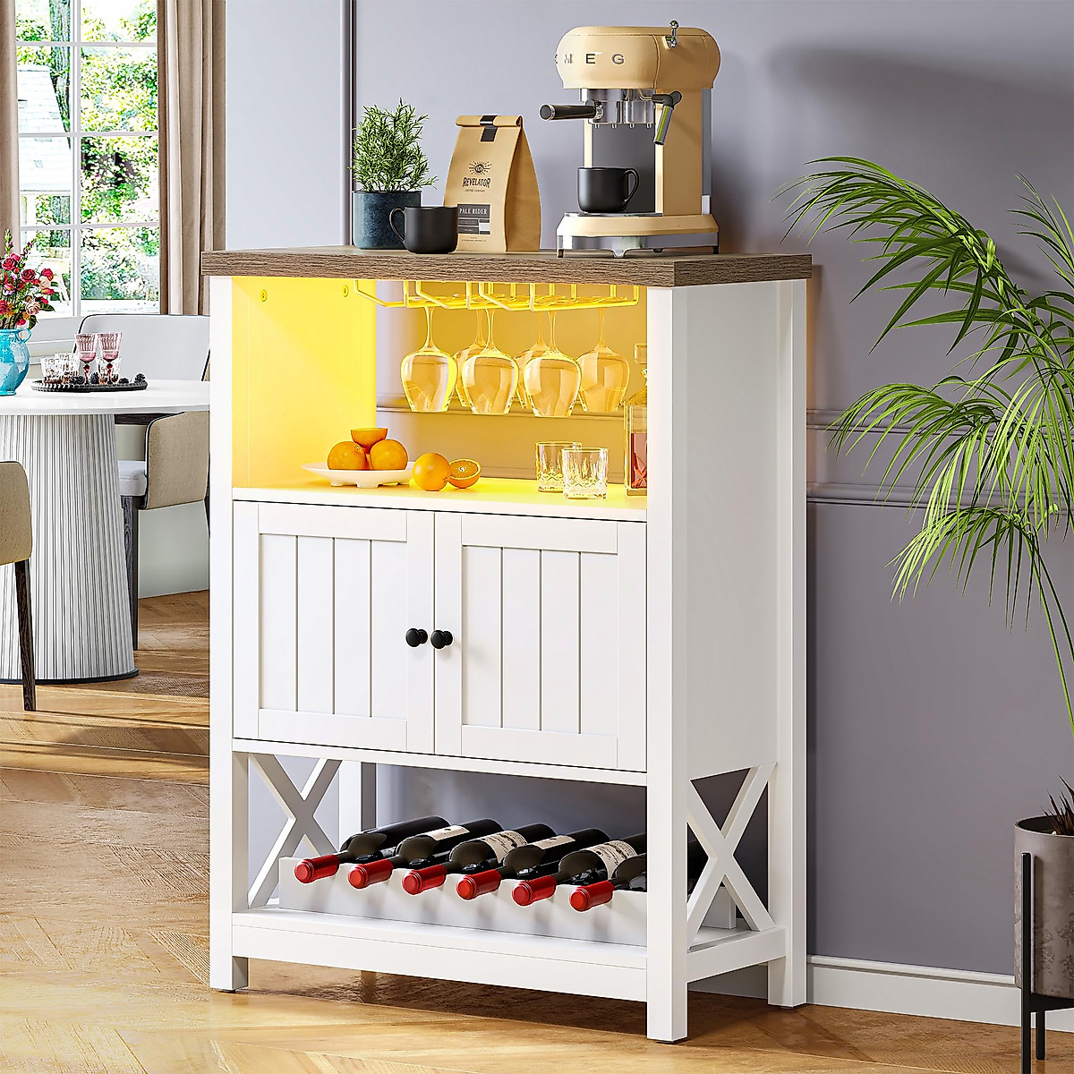 YITAHOME Sideboard Buffet Cabinet with Light, 31.5'' Farmhouse Coffee Bar Cabinets with Storage, Wine Bar Cabinet for Home with Wine Rack and Glass Holder (White Oak)