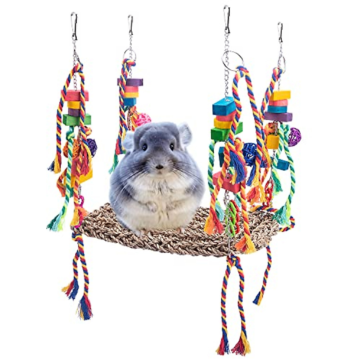 Bird Toys, Parrot Foraging Wall Toy, Edible Seagrass Woven Hammock Swing Perch with Colorful Chewing Toys for Lovebirds, Finch, Parakeets, Budgerigars, Conure, Cockatiel, Canary, Amazon, African Grey