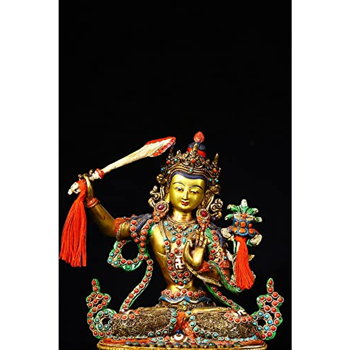 9" Tibetan Temple Collection Old Bronze Outline in Gold Painted Mosaic gem Dzi Beads Manjushri Worship Buddha Town House