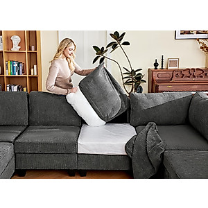 Nolany Corduroy Sectional Couch with Storage Ottoman, U Shape Sectional Sofa with Storage Chaise, Modular Sectional Couches for Living Room, Dark Grey