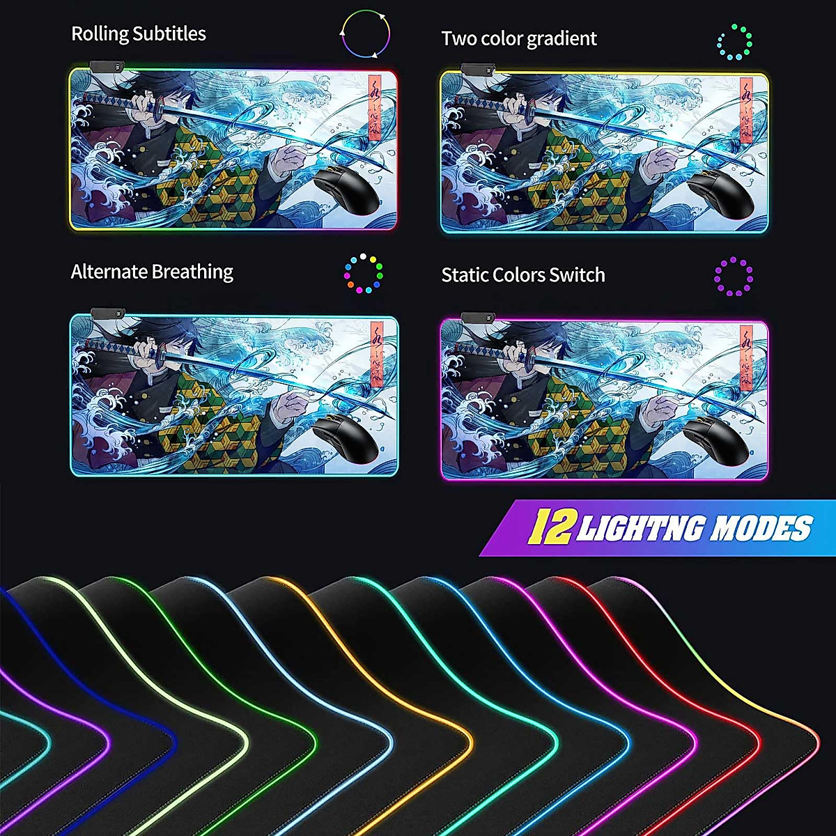 RGB Large Gaming Mouse Pad Anime Giyu Sword,Laptop Desk Pad,Mousepad with Stitched Edge Frame & Non-Slip Rubber Base,Computer Keyboard and Mice Pads Mouse Mat 31.5X15.7