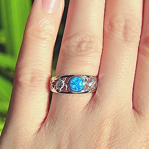 Sterling Silver Opal Two Sea Turtles Tapered Wedding Ring Eternity Band for Women, Hawaiian Island Tropical Ocean Jewelry Gemstone, Gift Box Included (Blue Opal, 8)