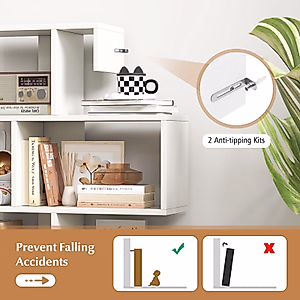 Tangkula S-Shaped Bookshelf, 5-Tier Modern Geometric Stepped Bookcase with Anti-Tipping Kits, Freestanding Corner Ladder Display Rack for Living Room Home Office (1, White)