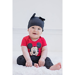 Disney Mickey Mouse Newborn Baby Boys Bodysuit Pants and Hat 3 Piece Outfit Set Red/Gray 6-9 Months
