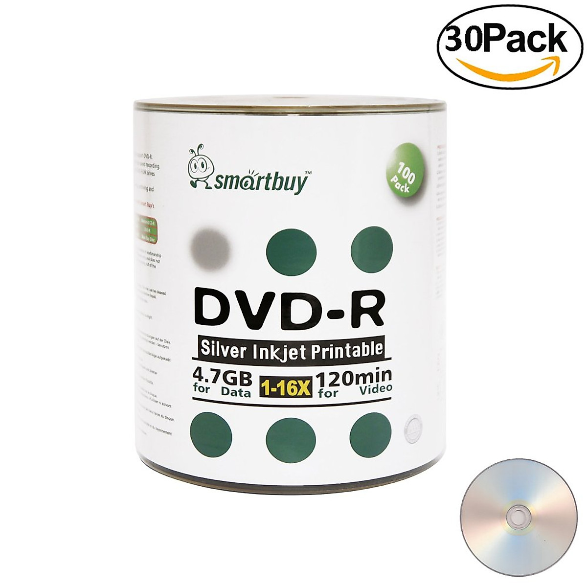 Smartbuy 3000-disc 4.7gb/120min 16x DVD-R Silver Inkjet Hub Printable Blank Recordable Media Disc