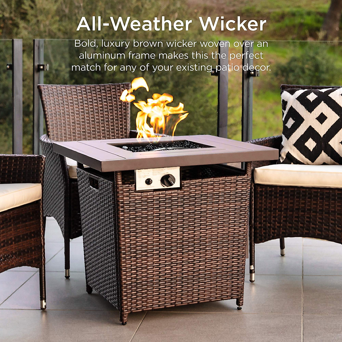 Best Choice Products 28in Gas Fire Pit Table, 50,000 BTU Outdoor Wicker Patio Propane Firepit w/Faux Wood Tabletop, Clear Glass Rocks, Cover, Hideaway Tank Holder, Lid - Brown