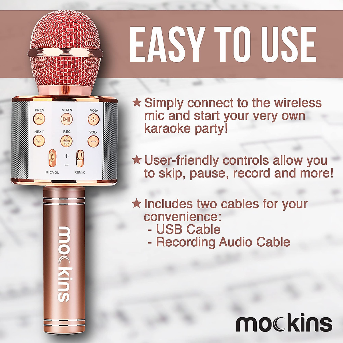 Mockins Rose Karaoke Microphone Wireless w/Built-in Speaker | Wireless Microphones Bluetooth Compatible w/iPhone & Android | Bluetooth Karaoke Microphone for Kids | Portable Microphone Karaoke Mic