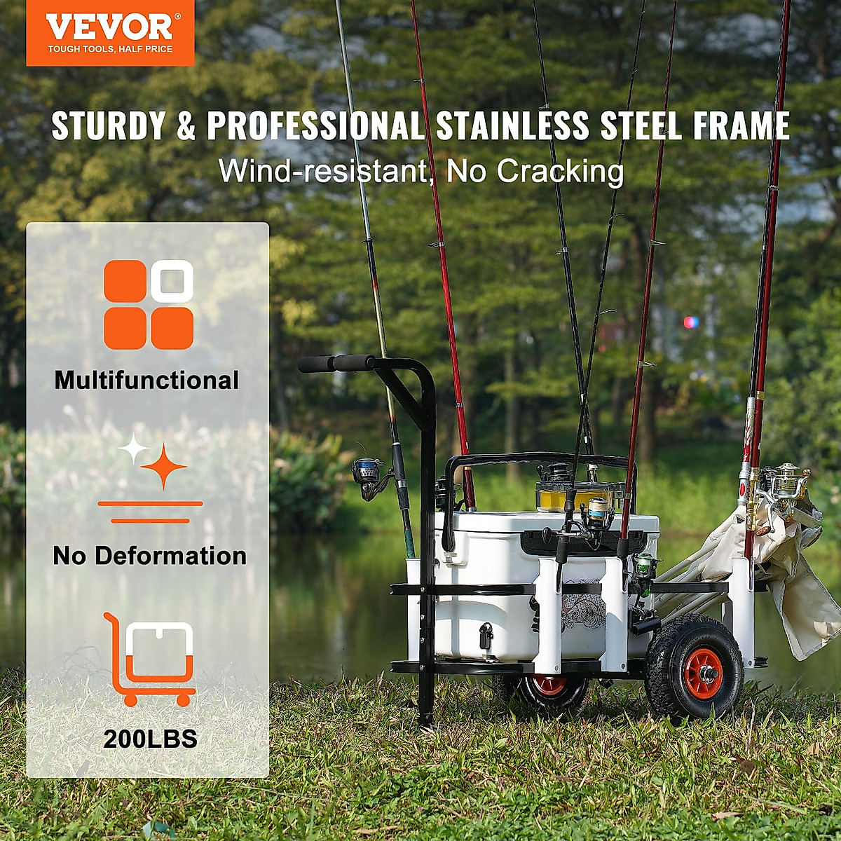 VEVOR Beach Fishing Cart, 200 lbs Load Capacity, Fish and Marine Cart with Two 11" Big Wheels Rubber Balloon Tires for Sand, Heavy-Duty Steel Pier Wagon Trolley with 7 Rod Holders for Fishing, Picnic