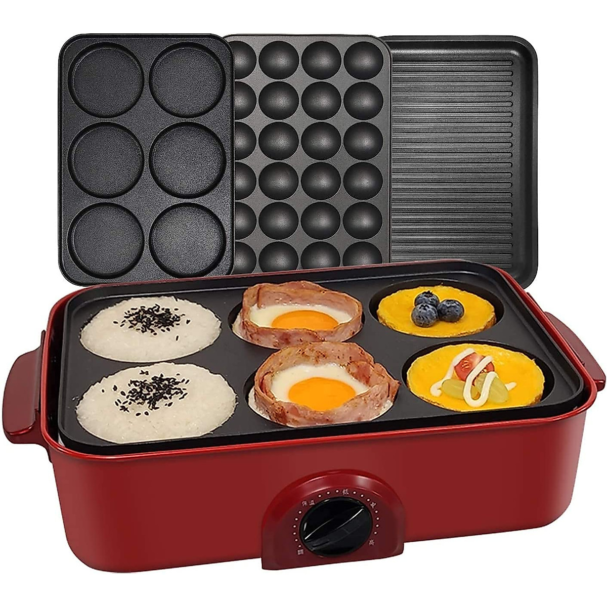 HeHoGoGo 3 in 1 Multifunctional Electric Griddle Electric Skillet Nonstick Baking Maker with 3 Interchangeable Pan Takoyaki Maker Cake Pop Maker Pancake Maker Red