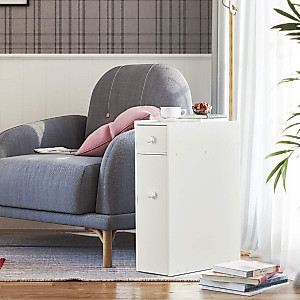 Tangkula Bathroom Wood Storage Cabinet Home Kitchen Floor Storage Organizer with Slide Out Drawer Free Standing Space Saving Storage Cabinet Toilet Paper Holder, White